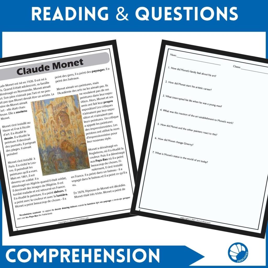 Claude Monet French Reading activitiy