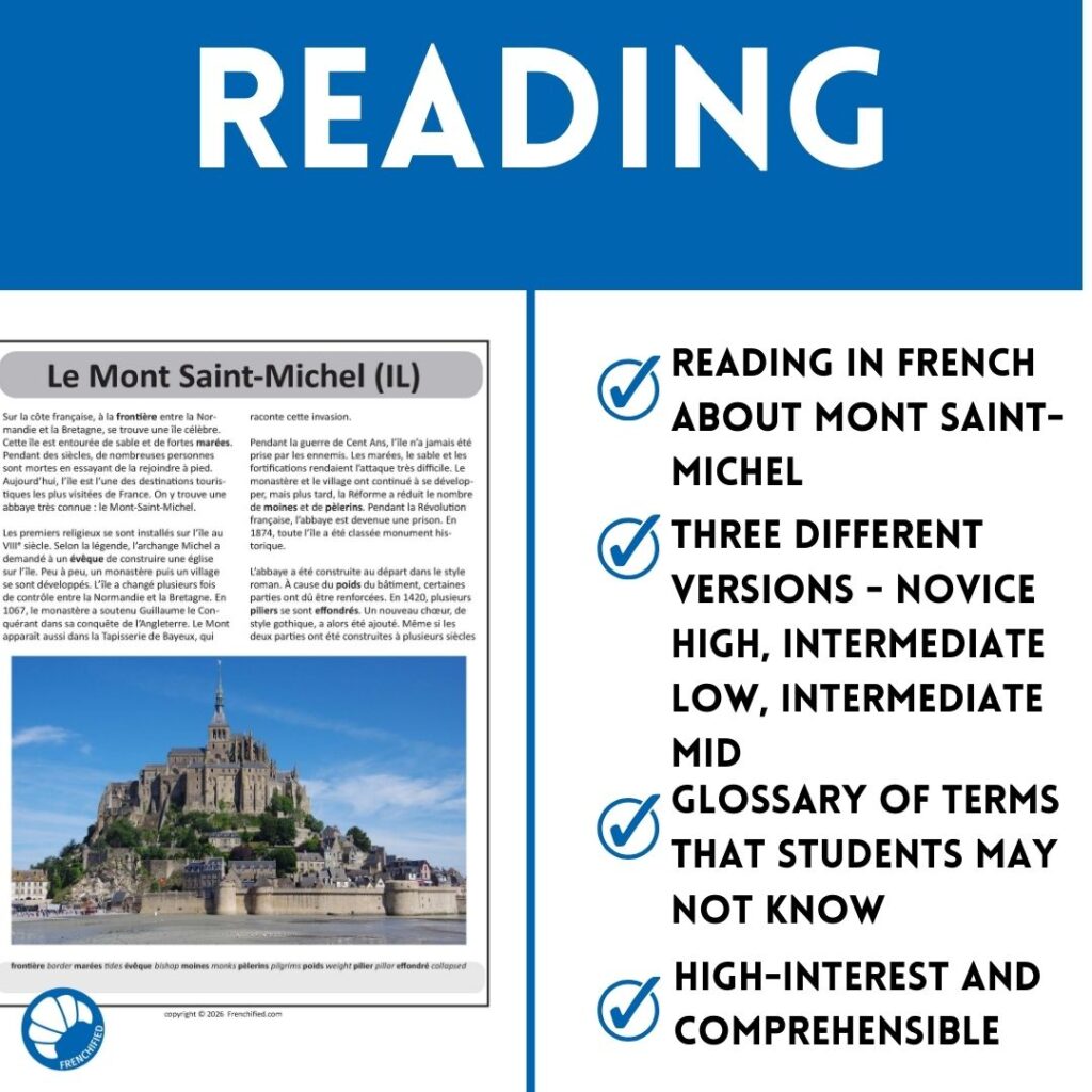 NH/IL/IM Mont Saint-Michel French reading comprehension de Lecture activity