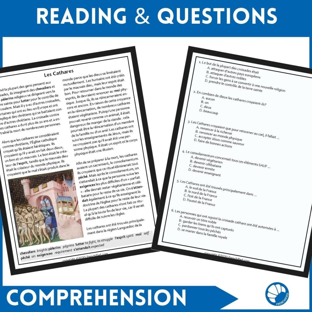 The Cathars French reading comprehension activity