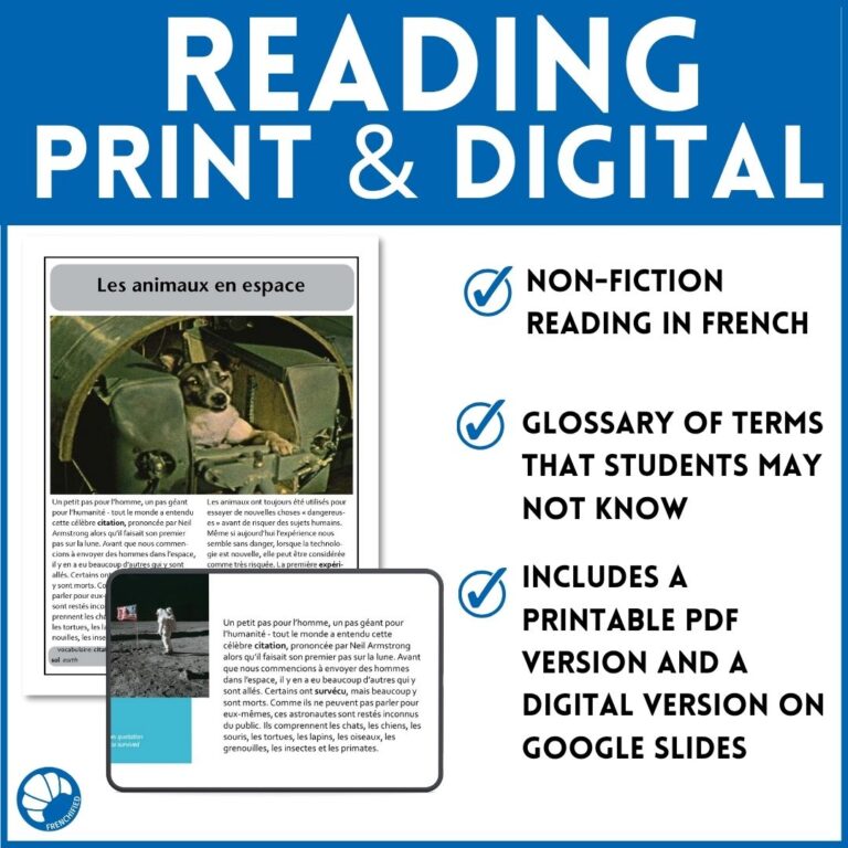 Animals in Space French reading comprehension activity