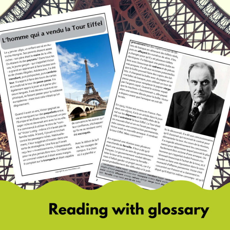 The Man who Sold the Eiffel Tower French reading activity