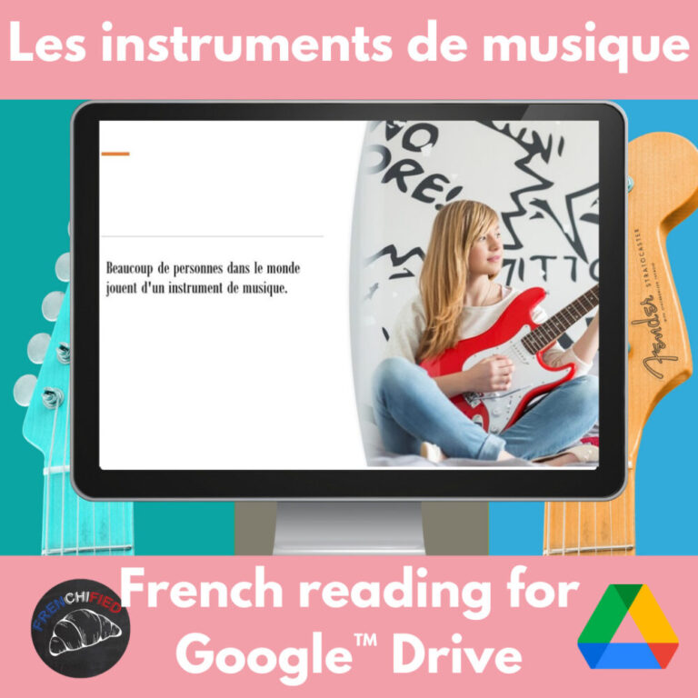 Musical instruments French reading comprehension activity for Google™ Drive