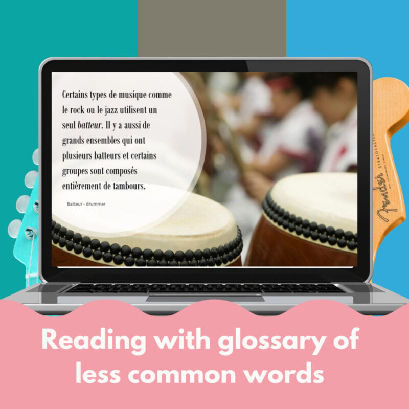 Musical instruments French reading comprehension activity for Google™ Drive