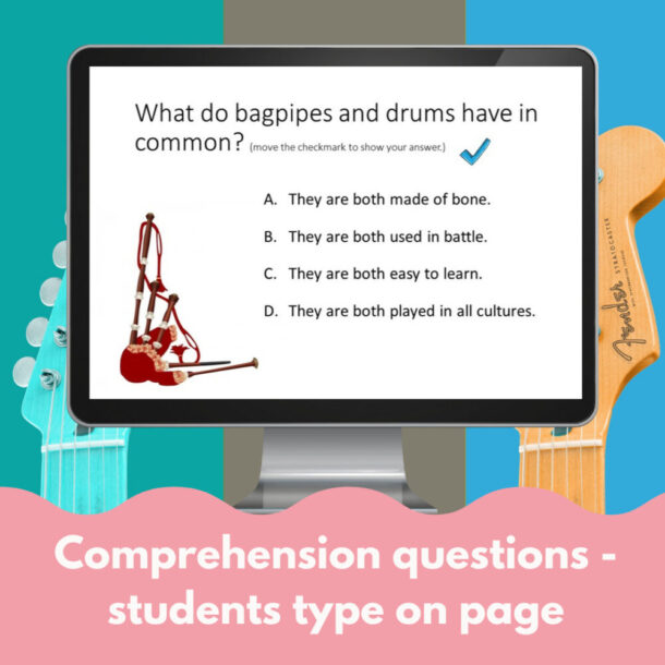 Musical instruments French reading comprehension activity for Google™ Drive