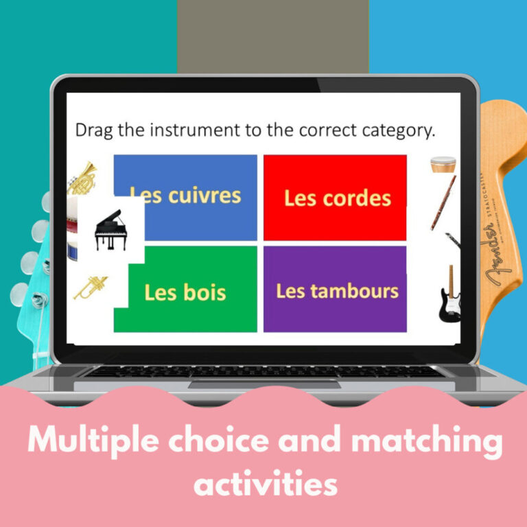 Musical instruments French reading comprehension activity for Google™ Drive