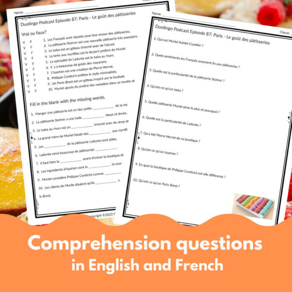 Activities for French Duolingo Podcast Episode 87: Le goût des pâtisseries