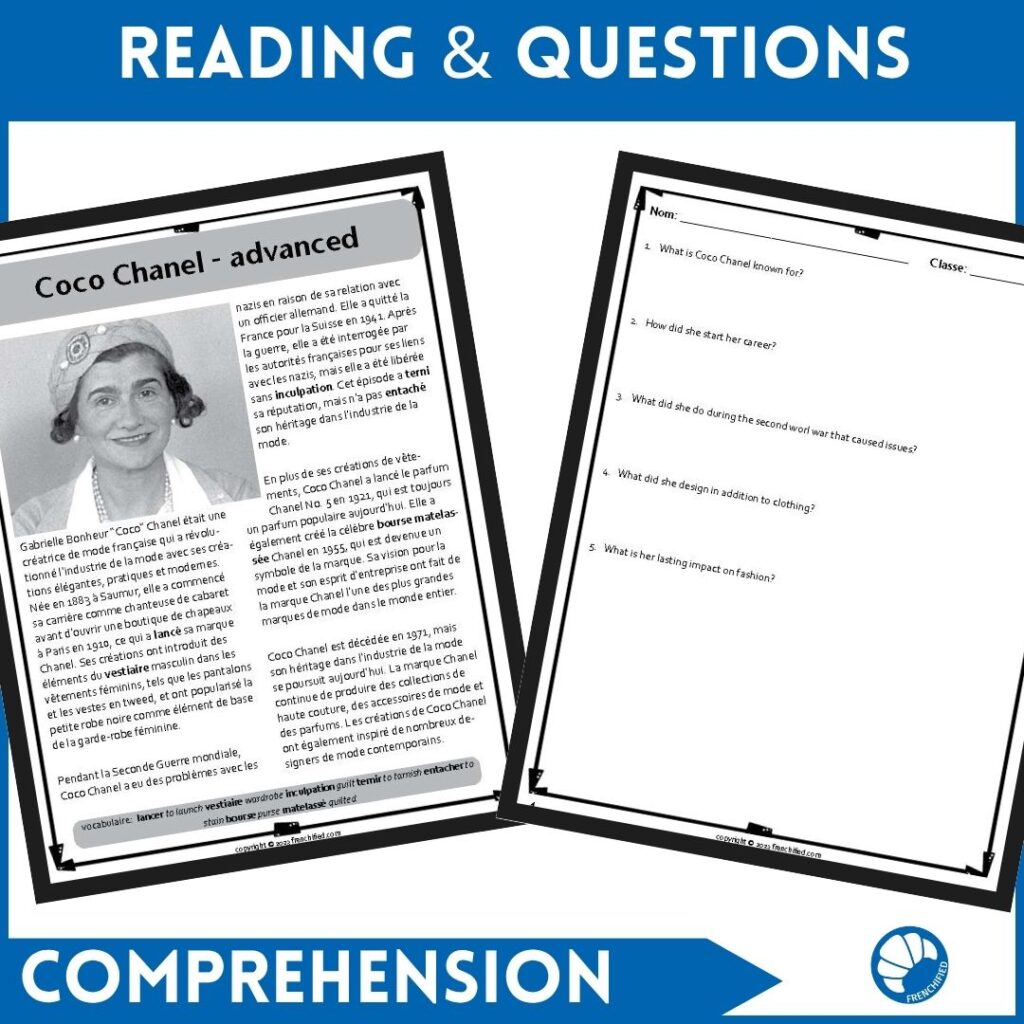 Coco Chanel French reading comprehension activity