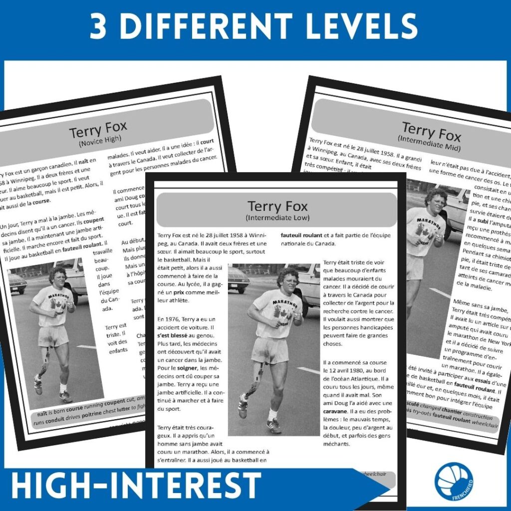 Terry Fox French reading comprehension activity print & digital