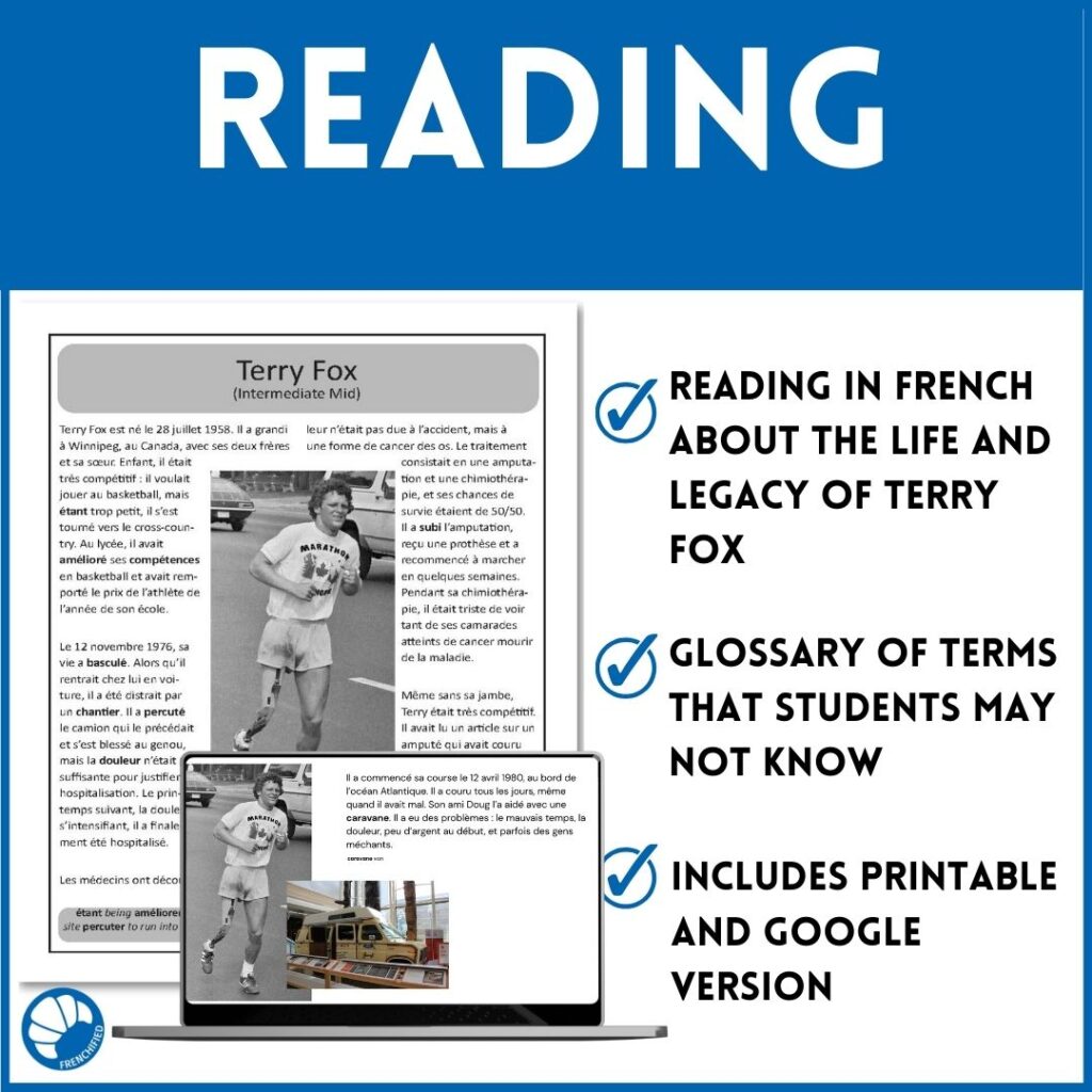 Terry Fox French reading comprehension activity print & digital